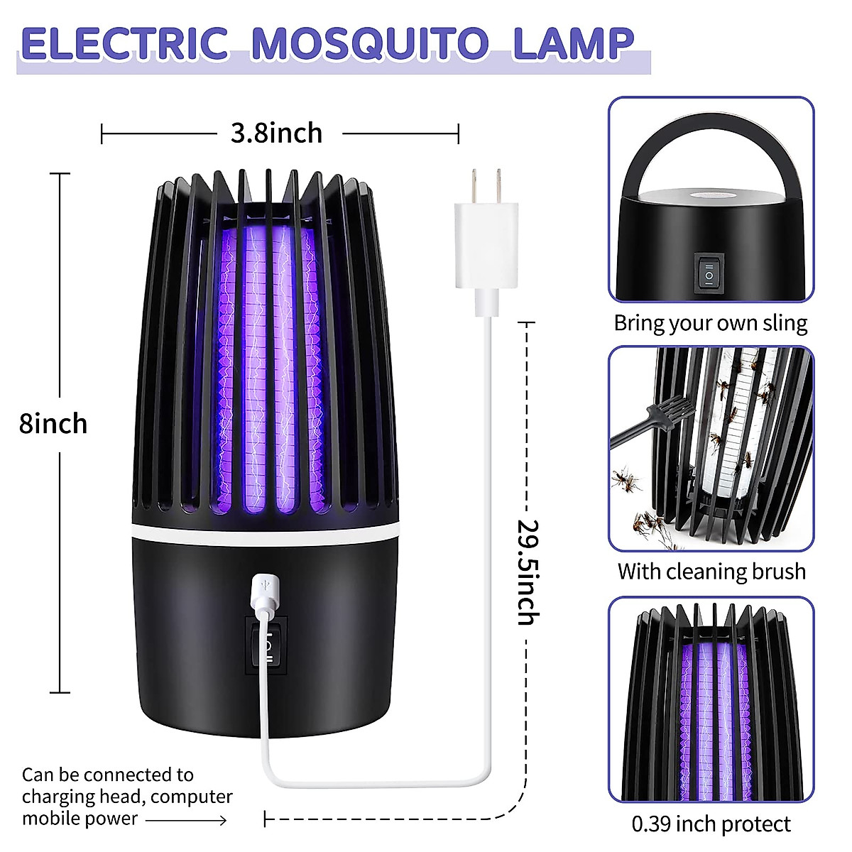 Bug Zapper Mosquito Repellent Outdoor Killer Lamp Outdoor 360°Coverage with USB Power,Indoor Insect Killer Trap for Gnat, Flies,Mosquito Bug Powerful Efficient Light(with Plug)