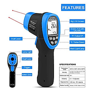 HOLDPEAK HP-985B Infrared Thermometer Non-Contact, -58℉~2480℉ (-50℃～1360℃), Dual Laser Digital IR Thermometer Gun with Adjustable Emissivity for Forge Melting Furnace Kilns Industry 【NOT for Human】