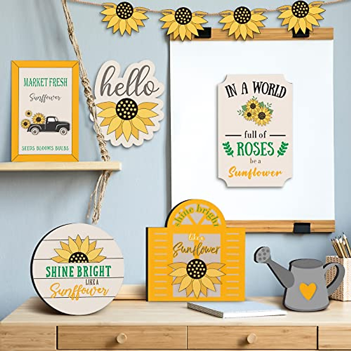 7 Pieces Summer Tiered Tray Decor Set Summer Wood Sign Rustic Farmhouse Decor Wooden Kitchen Tiered Tray Sign Decorative Trays Signs for Summer Home Kitchen Table Shelf (Sunflower Style)