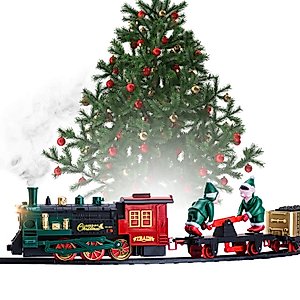 Christmas Train Set for Under The Tree with Lights, and Sounds - Holiday Train Around Christmas Tree w/Large Tracks | Battery Operated Electric Train Set with 160 Inches of Track and 2 Xmas Elves