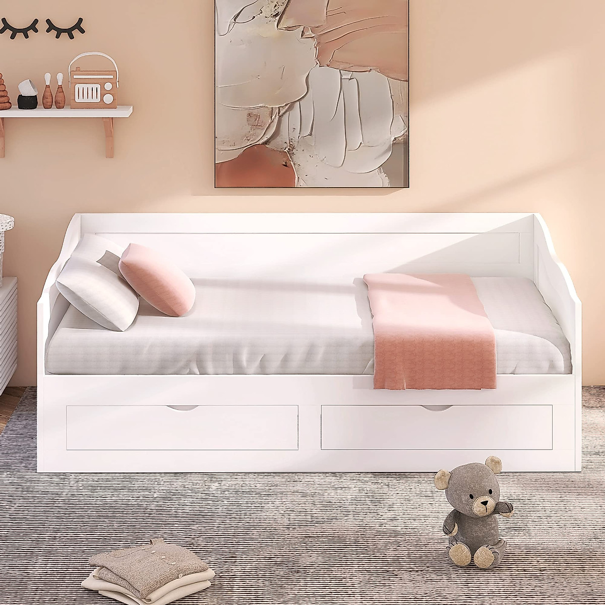 RUNWON Twin to King Size Wooden Daybed with Put-out Trundle Bed and Storage Drawers,Versatile and Expandable Bed Frame for Kids Adults