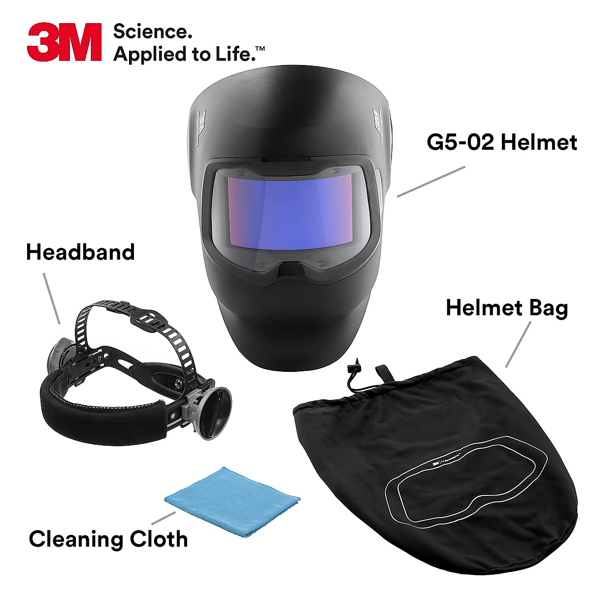 3M Speedglas Welding Helmet G5-02, Auto Darkening Welding Helmet Meets ISO 16321 TIG+ Standards, Light State 2.5, Curved Wide View ADF, Bluetooth Enabled, 4 Arc Sensors, Welding Helmet Bag, Black