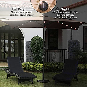 Aok Garden 6.5FT × 10FT Solar LED Lighted Patio Umbrella with Push Button Tilt and Sturdy Aluminum Ribs for Deck Lawn Pool & Backyard - Coffee