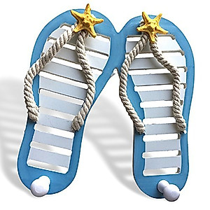 BANBERRY DESIGNS Beach Decor - Blue and White Wooden Flip Flop Hook with Starfish and Jute Rope Design - Nautical Wall Art Decorations - Coastal Bathroom Hanging Hooks for Towels - 9.5 Inches