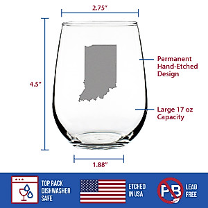 Indiana State Outline Stemless Wine Glass - State Themed Drinking Decor and Gifts for Hoosier Women & Men - Large 17 Oz Glasses
