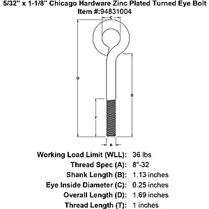 Chicago Hardware, 07010 2, Eyebolt, 8-32In, 1/4In, Turned Wire, PK10