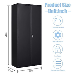 GREATMEET Metal Storage Cabinet with Locking Door and 4 Adjustable Shelves,70.8" H Lockable Steel Storage Cabinet for Home,Office,School Black
