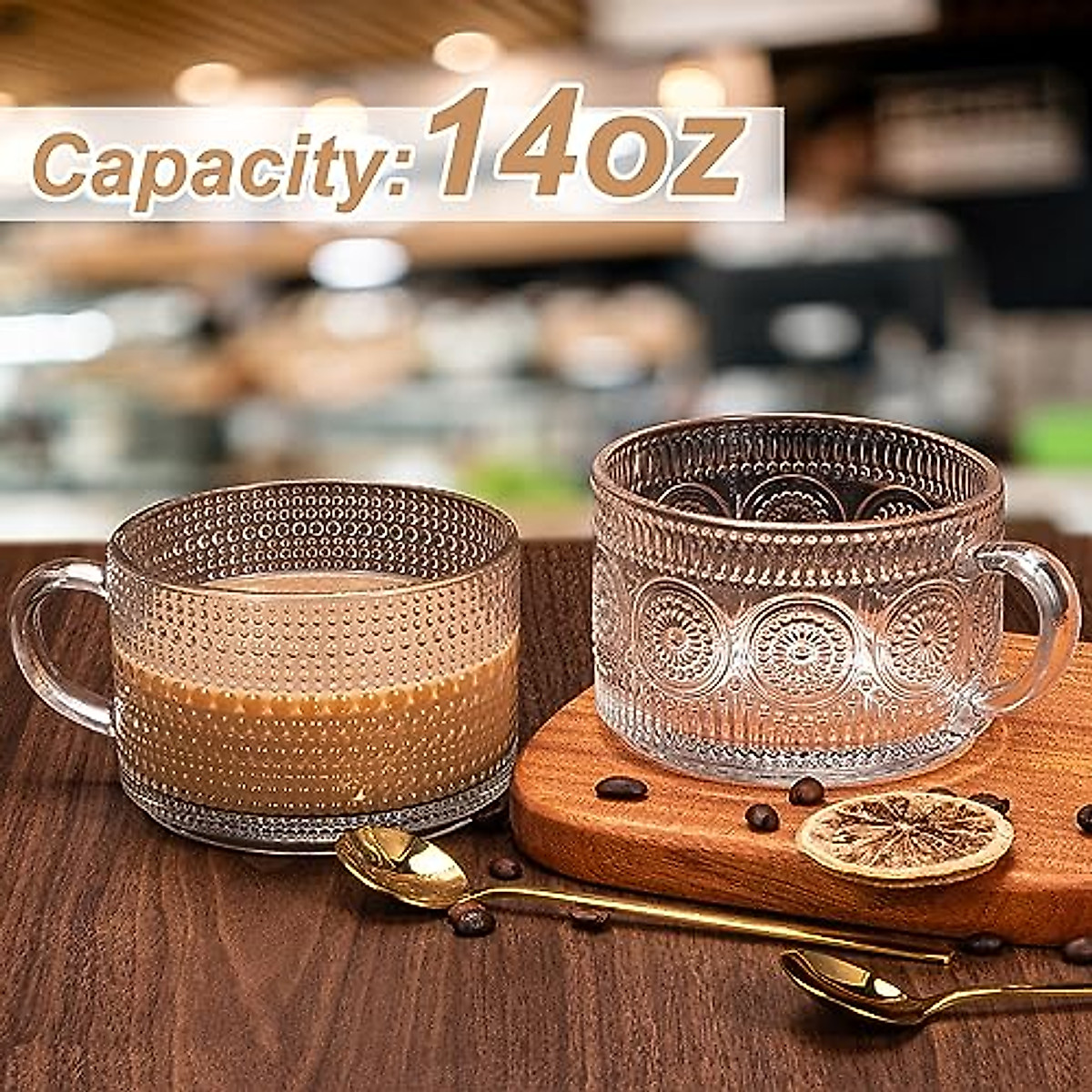 Xigugo Vintage Coffee Mugs 4pcs Set, Clear Embossed Tea Cups with Bamboo Lids and Spoons, 14 Oz Glass Coffee Cups, Cute Coffee Bar Accessories, Iced Coffee Glasses, Ideal for Cappuccino, Latte, Tea