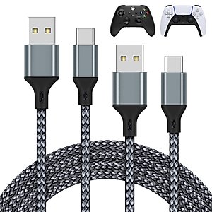MENEEA Charger Charging Cable for PS5/PS5 Pro Controller,for Xbox Series X/S,for Nintendo Switch 2 Pack 10FT Replacement USB C Cord Nylon Braided Type-C Ports for PlayStation 5 Skins,Grey