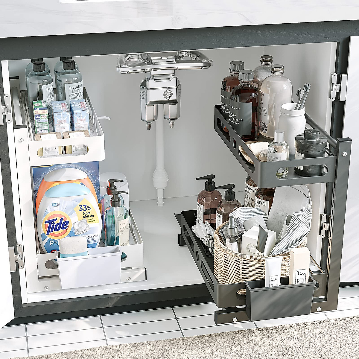 NETEL Under Sink Organizer,Pull Out Cabinet Organizer 2-Tier Slide Out Sliding Shelf Under Cabinet Storage Multi-Use for Under Kitchen Bathroom Sink Organizers and Storage, Black