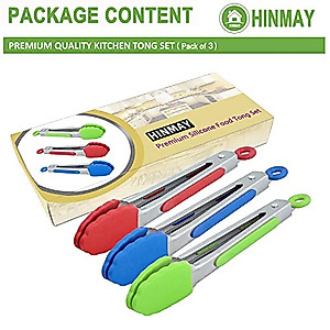 HINMAY Small Tongs with Silicone Tips 7-Inch Mini Serving Tongs, Set of 3 (Red Blue Green)