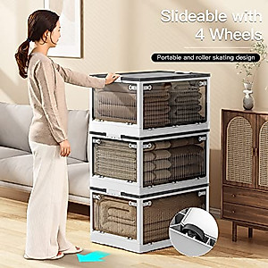 Collapsible Storage Bin with Lids, 54L Stackable Storage Container with 4 Wheels, Closet Organizers and Storage for Clothes, Clothing Storage with Secure Latching Lid, Foldable Storage Box, White
