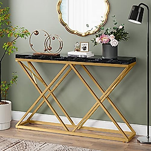 Tribesigns 55" Console Table, Modern Entryway Hallway Table with Diamond-Shaped Gold Metal Legs, Faux Marble Black Wood Sofa Table Foyer Table for Living Room, Entryway, Hallway, Black and Gold