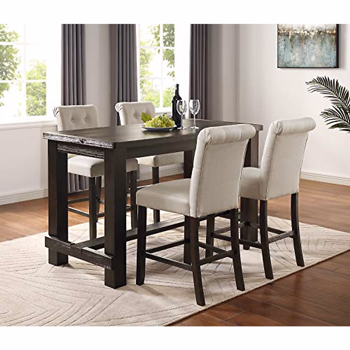 Roundhill Furniture Aneta Antique Black Finished Wood 5-Piece Counter Height Dining Set, Tan