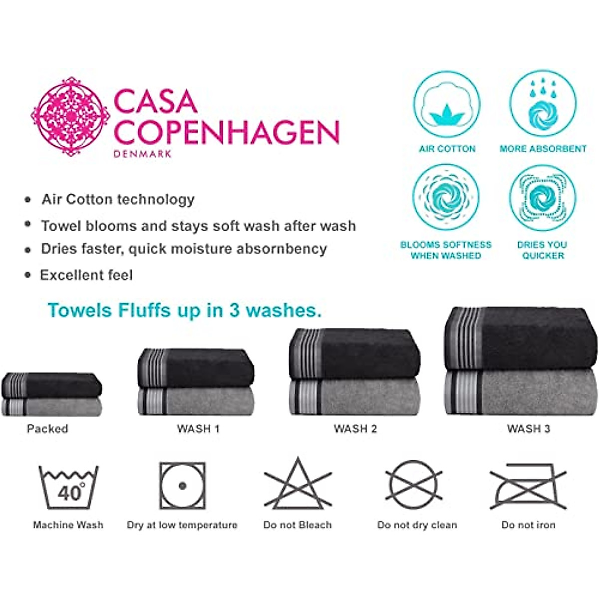 CASA COPENHAGEN, Designed in Denmark, 550 GSM, 12x12 Inches, Washcloths Towels, Set of 24 Towels, Super Soft and Absorbent, Egyptian Cotton Towels for Bathroom & Kitchen - Silver Grey and Dark Grey