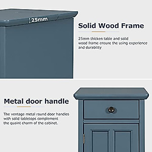 P PURLOVE Classic Vintage Living Room End Table, Wooden Side Table with USB Ports and One Multifunctional Drawer with Cup Holders (Antique Navy)