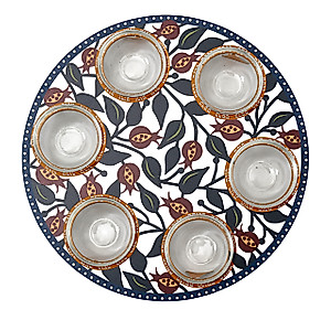 Unique Laser-cut Seder Plate with Glass Insets, Matzah Cover + More Original Judaica Design (Red Pomegranates)