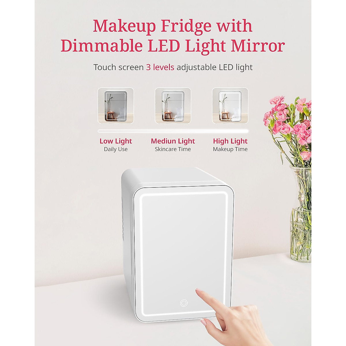 Oterbear 4L Mini Skincare Fridge, Makeup Fridge with Dimmable LED Light Mirror, Cooler and Warmer, Cosmetic Refrigerator for Bedroom, Office, Dorm and Car, White