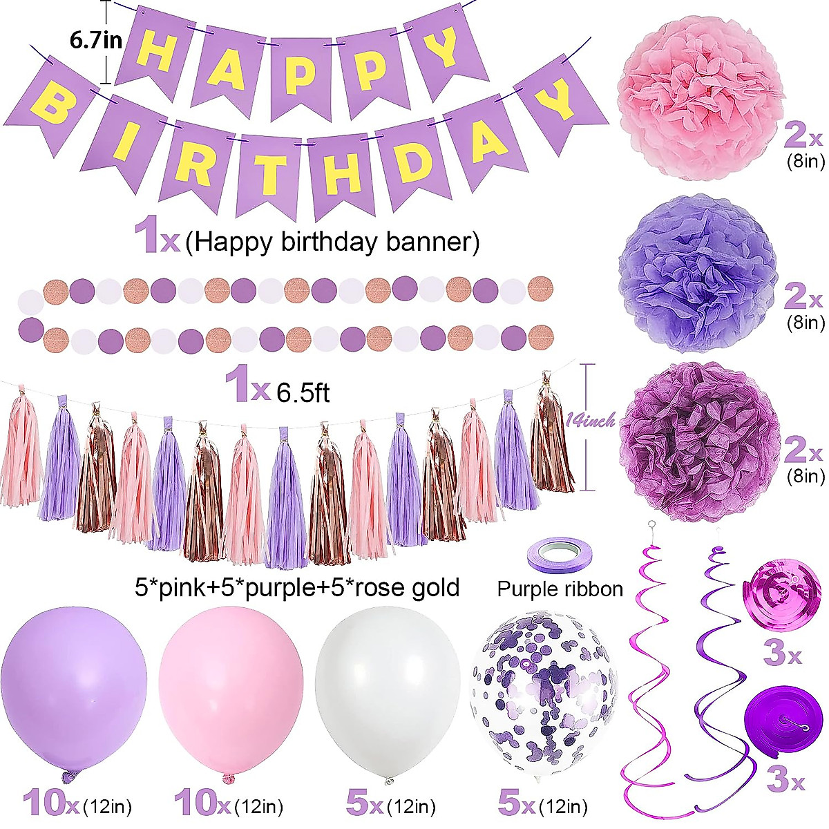 Purple Pink Birthday Party Decorations for Women Girls with Happy Birthday Banner,Hanging Swirls,Tissue Paper Pompoms,Circle Dots Garland,Tassel Garland Purple Birthday Balloons (Purple)