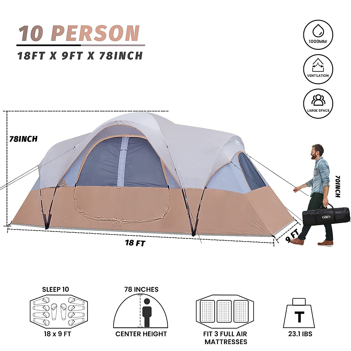 UNP Camping Tent 10-Person-Family Tents, Parties, Music Festival Tent, Big, Easy Up, 5 Large Mesh Windows, Double Layer, 2 Room, Waterproof, Weather Resistant, 18ft x 9ft x78in (Khaki Brown)