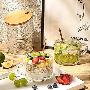 GUUTRY Vintage Coffee Mugs Set of 4: Glass Coffee Cups with Bamboo Lids and Spoons - 14 Oz Clear Embossed Glassware Tea Cups - Iced Coffee Glasses/Overnight Oats Container/Coffee Bar Accessories