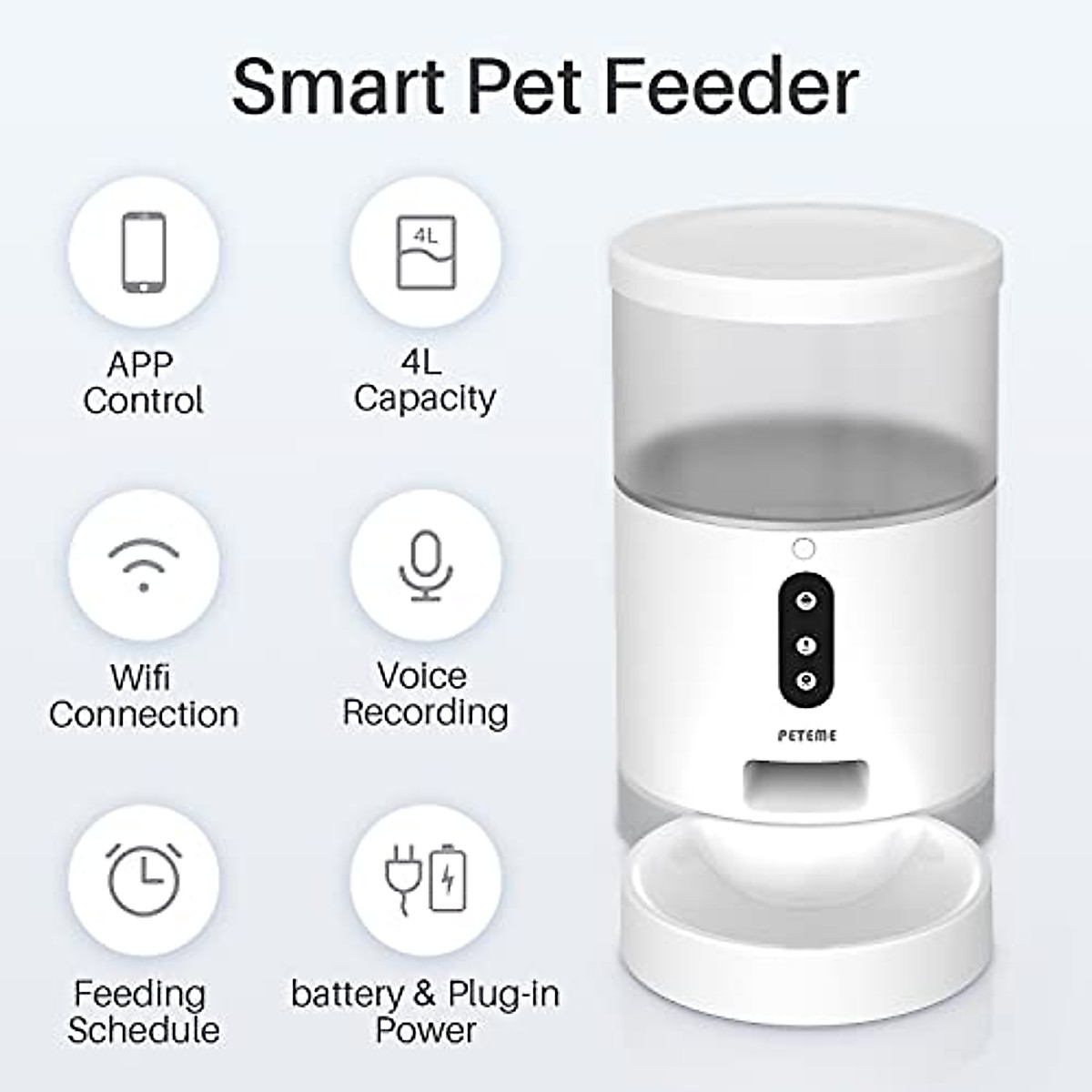 Peteme Automatic Cat Feeder,Smart Pet Feeder 4L with APP Control for Dry Food, 0-10 Portion Control for 1-6 Meals Daily, Auto Food Dispenser for Small Pets with 10s Voice Recording