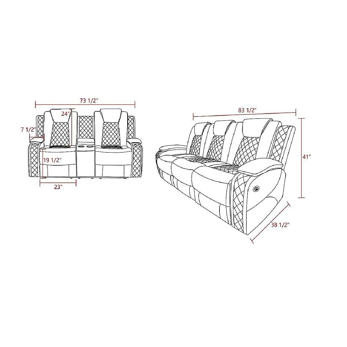 AYCP Multifunction Power Air Leather Recliner Sofa Set with LED Lights, Living Room Furniture, Reclining Sofa, loveseat, Chair with USB Port/Storage (Black, Sofa+Loveseat)