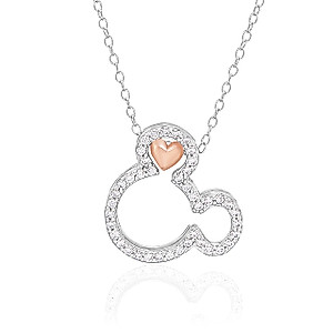 Disney Womens Mickey Mouse Necklace Sterling Silver 18" - Cubic Zirconia Mickey Mouse and Pink Heart Pendant Necklace Jewelry for Women
