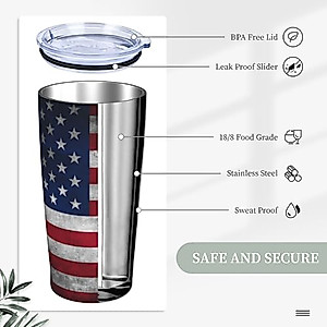 VKKOEWL American Flag Stainless Steel Insulated Tumbler 20 Oz Travel Water Bottle Coffee Mug Drink Cup With Lid Straw