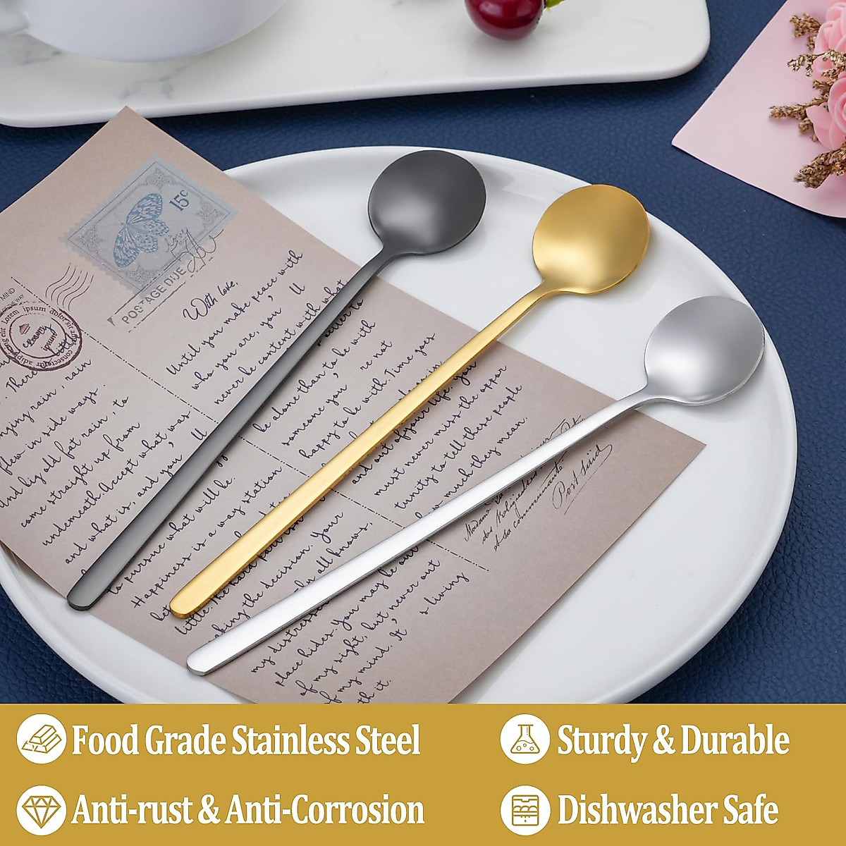 12 Pcs Coffee Spoons Set, 6.7" Gold Tea Spoons Long Handle, Stirring Spoons, Gold Small Teaspoons, Stainless Steel Gold Spoons, Long Spoons for Stirring, Gold Espresso Spoons, Coffee Bar Accessories