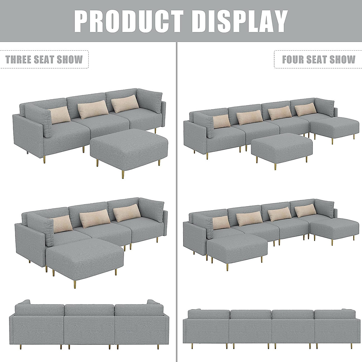 MGH Sectional Sofa Couch, Luxury Contemporary U-Shape Sofa Set,Linen Fabric 4-Seat and 2 Ottoman Living Room Couch Chaise Living Room Furniture Sets,Grey