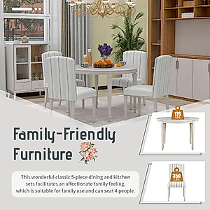 Bellemave Dining Table Set for 4, 5 Piece Round Kitchen Table and Chairs, Solid Wood Round Table with 4 Upholstered Chairs for Dining Room, Dinette, Breakfast Nook, White