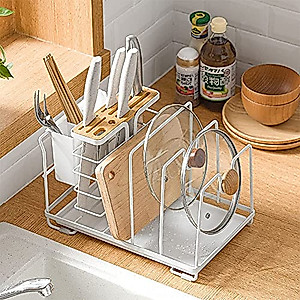 SUNFICON Pot Pan Lid Organizer Cutting Board Rack 8 Slots Knife Block Holder Cutlery Holder Kitchenware Storage Drying Rack Multifunctional Kitchen Pantry Cabinet Countertop Stand w Drip Tray White