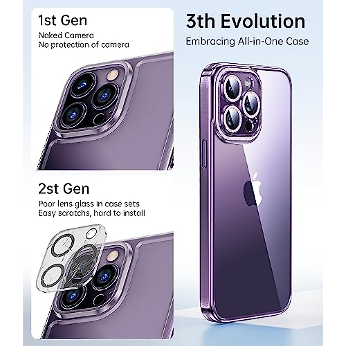 JAZZCAMEL for iPhone 14 Pro Max Case with Onepiece Glitter Camera Protector,Military Anti-Slip Gear Line, Military Drop Protection, Slim Luxury for Women Girls Men Clear Phone Case 6.7'' - Purple