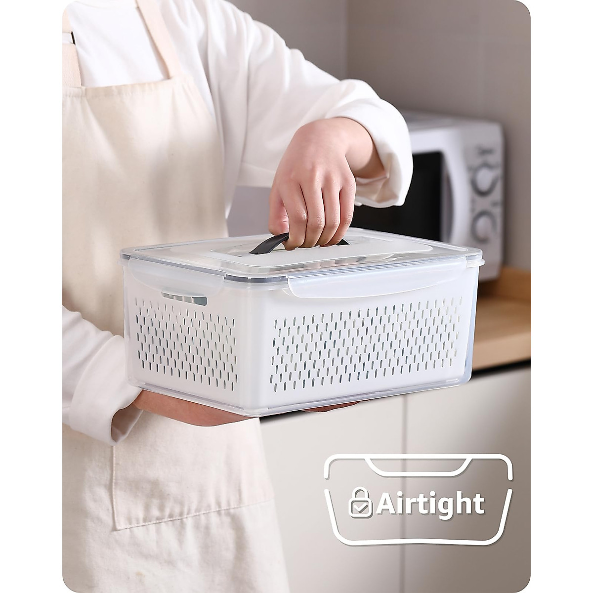 Large Produce Saver with Removable Colander and Handle, Vegetable Storage Keeper Airtight Leakproof Keep Fresh Longer Lettuce Containers BPA-FREE Big Size Veggies Banana Fruit Preserver 14 Cup/3.3L