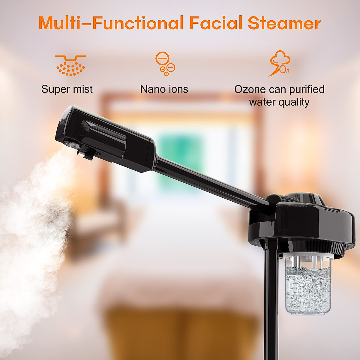 KINGSTEAM Professional Facial Steamer, 2 in 1 Ozone Facial Steamer on Wheels with 3X Magnifying Lamp, Time Preset Function Design for Face Sauna Spa and Personal Care Use at Home (JY-08A Black)