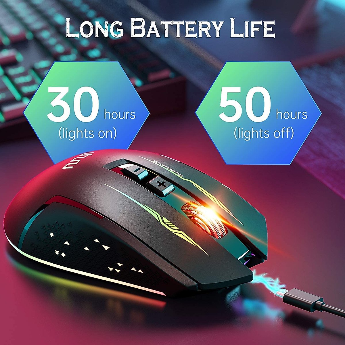 UHURU Wireless Gaming Mouse, Wired and Wireless Dual Modes Rechargeable RGB Gaming Mouse with 7 Programmable Buttons, Ergonomic and 5 Adjustable DPI Levels up to 10000 DPI for PC Laptop Gamer （WM-07）