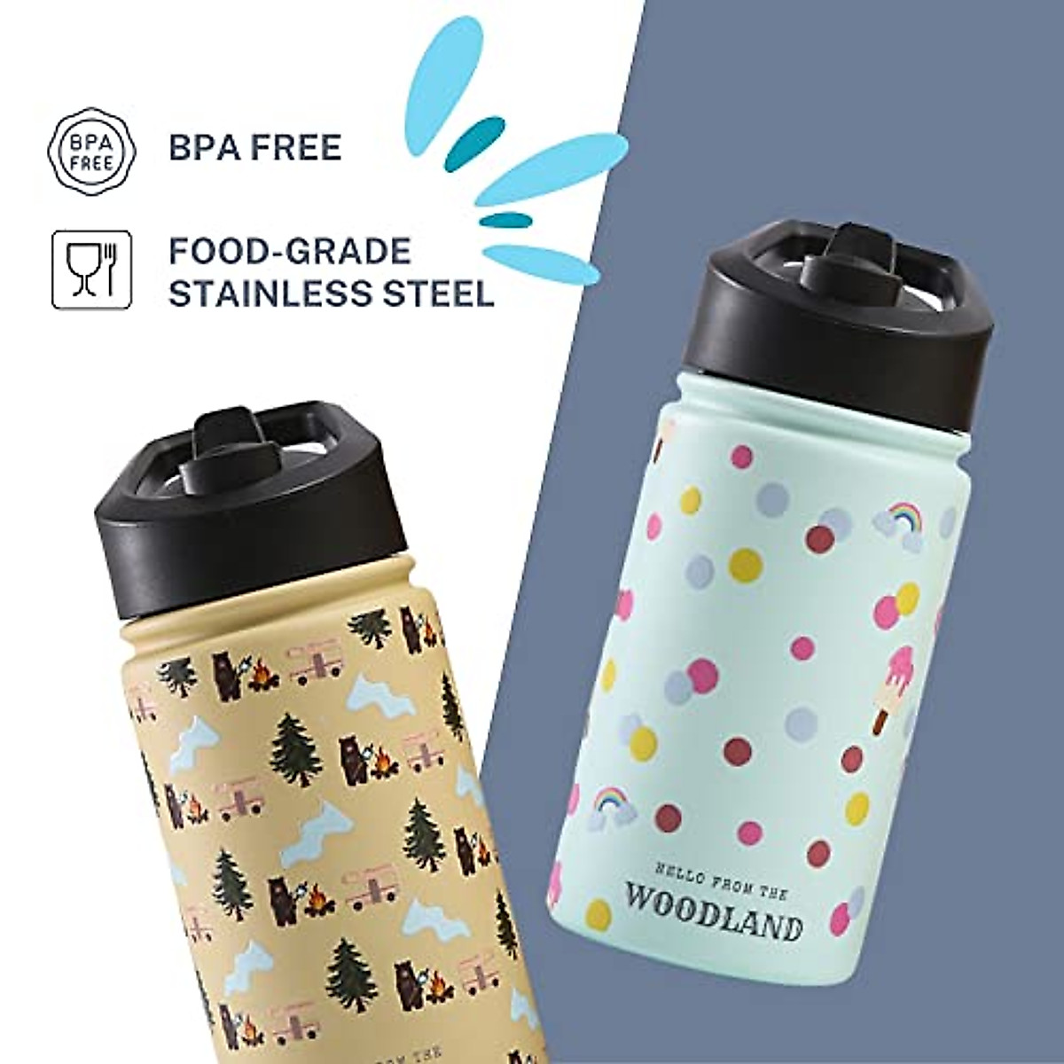 Kids Thermal Bottle with Straw Lid and Loop Cap, 12oz Premium Stainless Steel Water Bottle, Easy to Drink for Toddlers, 2 designs