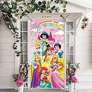 Princess Girls Birthday 36x72inch Door Cover Banner Cartoon Princess Pink Rainbow Castle Party Porch Sign Decor Kids1st 2nd Happy Birthday Indoor Outdoor Decoration Supplies