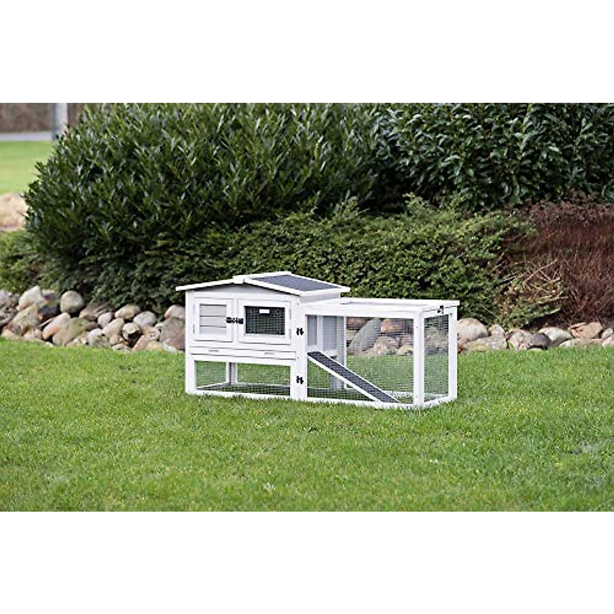 TRIXIE Natura Insulated Rabbit Hutch with Large Run, Hinged Peaked Roof, 2-Story with Ramp, for Rabbits or Guinea Pigs, Gray/White