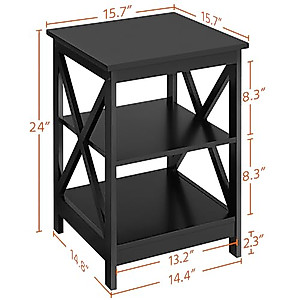 Yaheetech Black End Table Set of 2, 16x16x24 in Sturdy 3-Tier Side Tables with Storage Shelf & Solid Wood Legs, 2Pcs X-Design Modern Sofa Side Table for Living Room Office, Easy Assembly