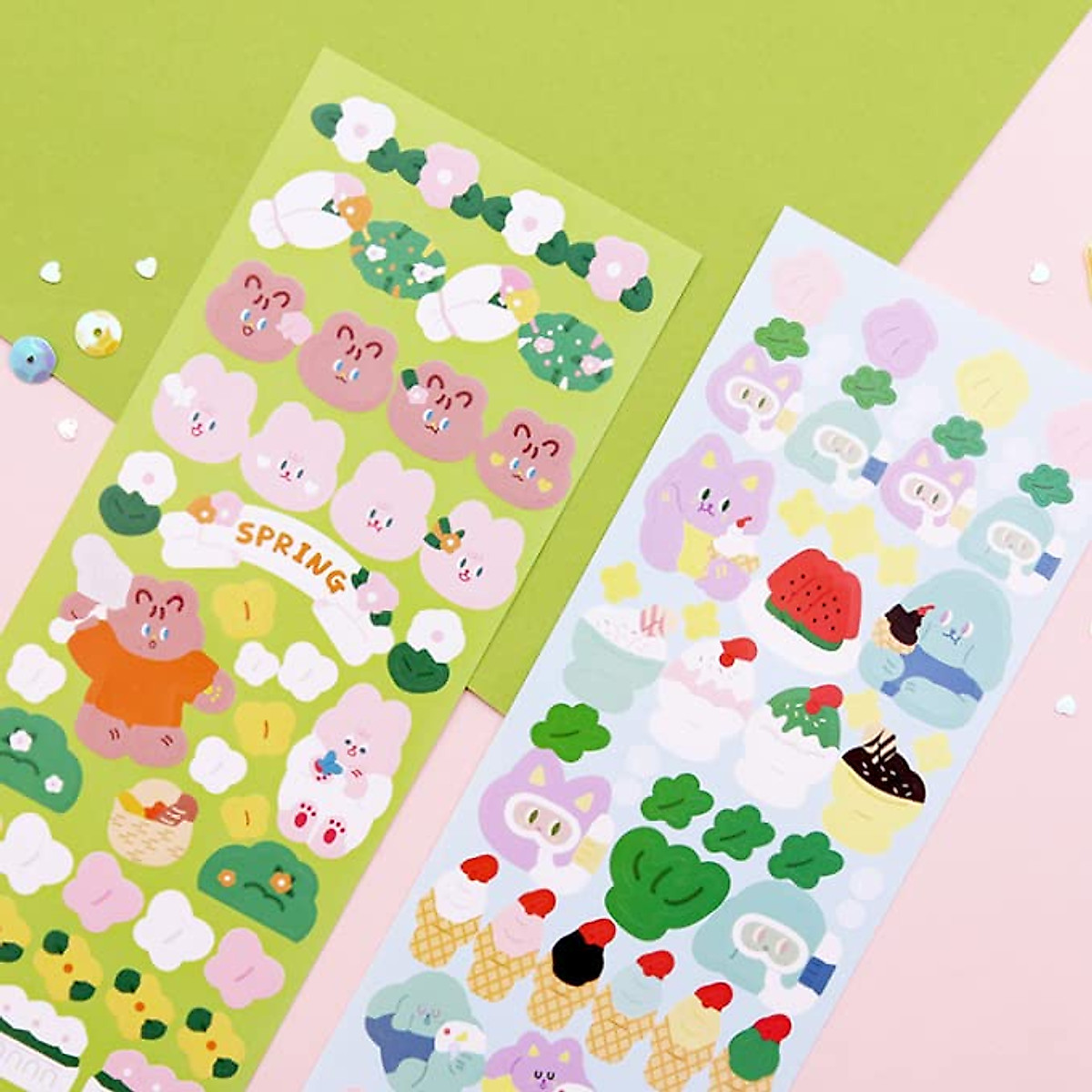 Cute Essential Kawaii Aesthetic Stationery Sticker Pack 9 Sheets (160+ Stickers) - for Planners, journals, scrapbooks, Gifts, Kpop photocards, polocos, Bear, Birth Month Flower, Birthday (Seasons)