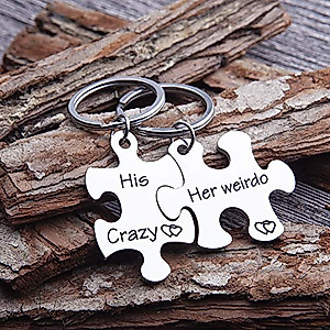 Couples Keychains Set His Crazy Her Weirdo Best Christmas Gifts Stocking stuffer Birthday Gift for Couple Husband Wife Girlfriend Boyfriend Him Her Personalized Puzzle Piece Pendant Key Chain Charm