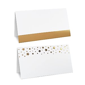 CLEVER SIGNS Gold Place Cards for Wedding or Party, 100 Pack, 2" X 3.5, Double Design, Gold Foil Stars and Line, Scored for Easy Folding, Place Cards for Table Setting, Seating Place Cards for Tables