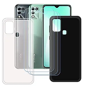 YZKJSZ Case for Infinix Hot 11 Play Cover + 3 x Screen Protector Tempered Glass Protective Film - Soft Gel Semi-Transparent + Black TPU Silicone Protection Case for Infinix Hot 11 Play (6.82")