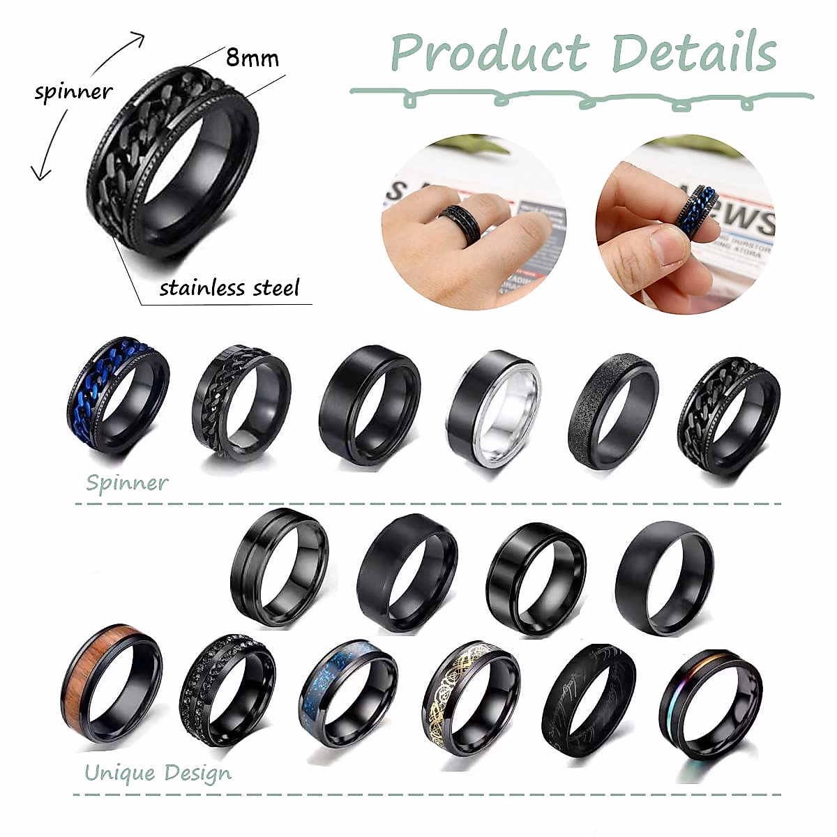 FINZOR 16Pcs Stainless Steel Fidget Band Rings for Men Women Spinner Ring Cool Rings Wedding Promise Band Ring Jewelry Set Size 10