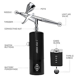 J PEN HOBBY P1 Airbrush Kit with compressor portable cordless airbrush set.Rechargeable auto stop dual action airbrush,model painting nail art craft lure