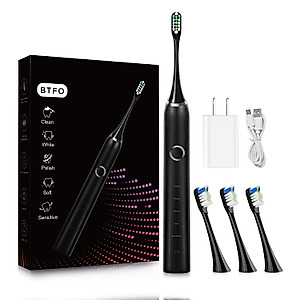 BTFO Sonic Electric Toothbrush with 5 Modes, 2pcs Replacement Brush Heads USB Rechargeable Smart Electronic Toothbrush with Holder for Adults IPX7 Waterproof Smart Timing Fast Charging (Black)