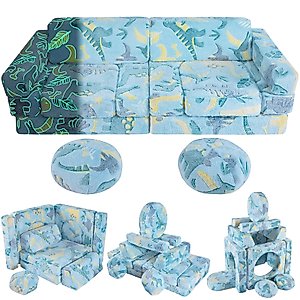 Olasme 13PCS Kids Play Couch, Foam Modular Kids Couch Sofa, Glowing Toddler Couch Convertible Baby Play Couch Children Sofa for Playroom Bedroom (Blue)