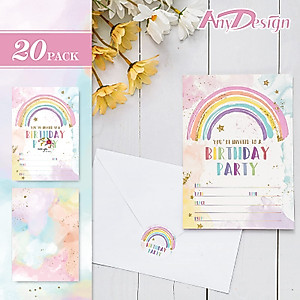 AnyDesign Rainbow Birthday Party Invitations with Envelopes Stickers Watercolor Birthday Paper Invitation Cards for Kids Party Celebration Supplies, Set of 20